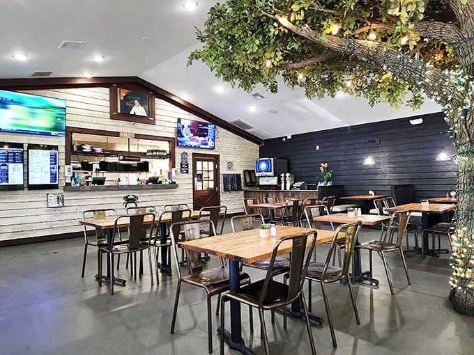 Inside, that magical indoor tree creates the feeling you've stumbled into a secret garden where seafood dreams come true. The rustic-meets-modern vibe sets the perfect stage.