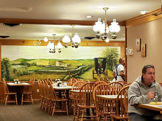 The dining room's countryside mural transports you to simpler times, when calories were just called "food" and everyone was happier for it.
