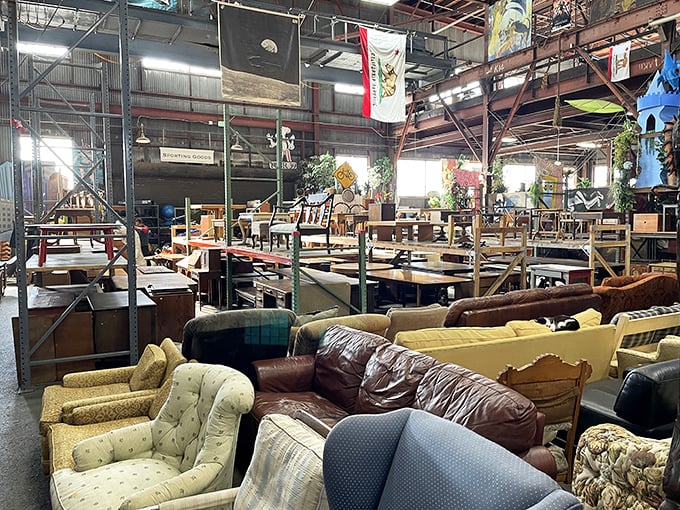 Furniture heaven or time machine? This sea of sofas and tables tells a thousand stories—each with a different upholstery pattern.