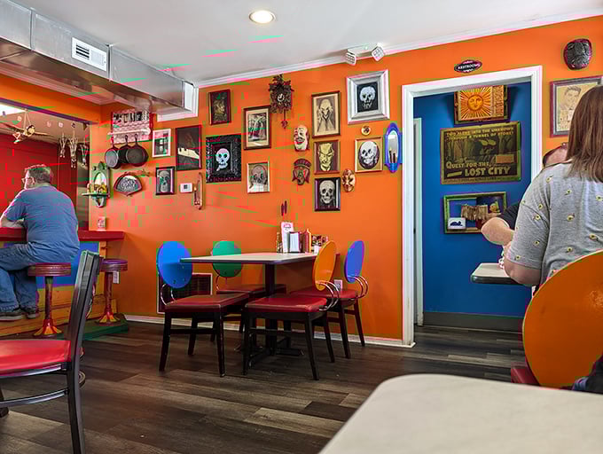 Orange walls adorned with eclectic memorabilia create the perfect backdrop for comfort food conversations. It's like dining inside a scrapbook of Springfield's collective memory.