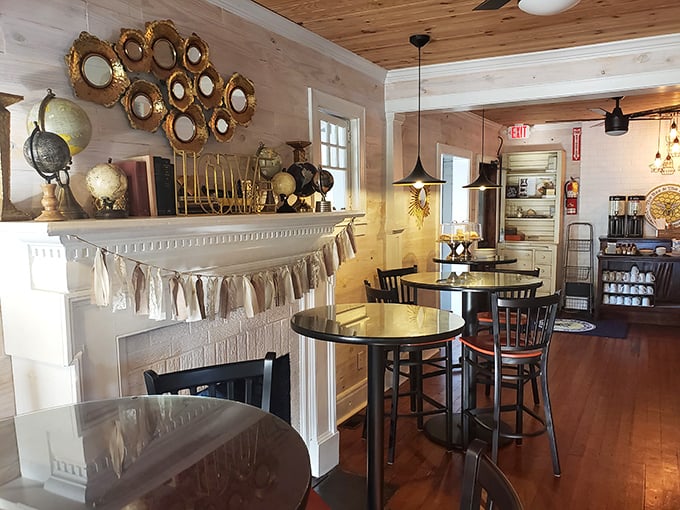 Vintage mirrors reflect more than light—they capture the essence of farmhouse chic with wooden ceilings and Edison bulbs creating an atmosphere grandmother would approve of.