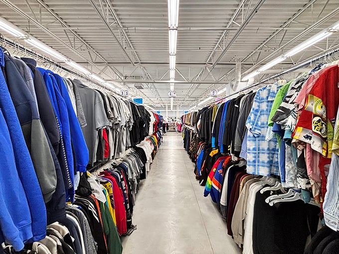 Endless rows of clothing create a textile ocean where fashion explorers can navigate through decades of style without sinking their budget.