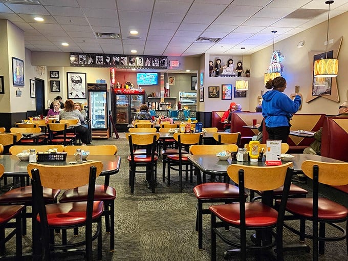 Inside Oscar's, nostalgia meets comfort with wooden tables, red vinyl booths, and walls adorned with memorabilia—the universal language of "good food happens here."