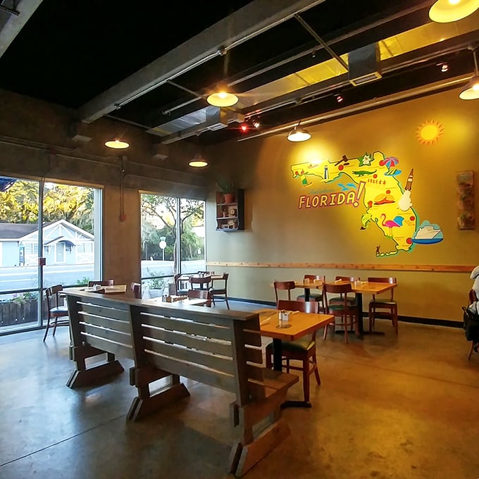 Inside, the neon Florida map glows like a beacon, promising authentic Sunshine State flavors in an atmosphere that's refreshingly unpretentious.