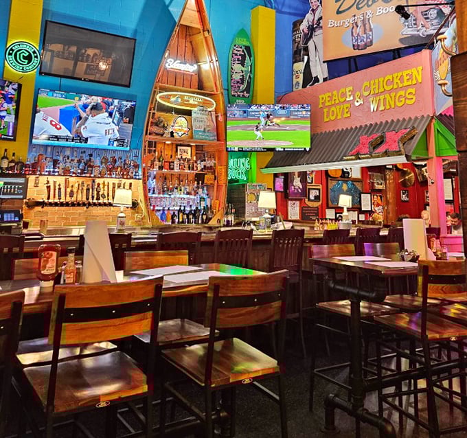 Where surfboards meet neon signs and every inch tells a story. This isn't decoration—it's a visual feast before your meal even arrives.