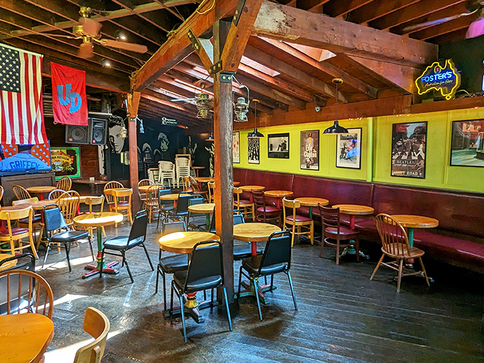 Exposed wooden beams, vintage memorabilia, and that perfect neighborhood vibe—this isn't just a dining room, it's Dayton's living room.