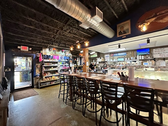 The market counter feels like seafood mission control – part fish market, part time machine to Old Florida, where conversations flow as freely as the beer.
