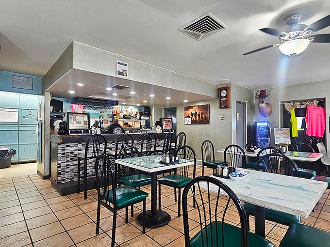 Classic diner vibes with those unmistakable wire-back chairs. The kind of place where coffee refills appear before you even ask.