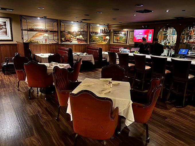 Red leather chairs and white tablecloths—the steakhouse uniform that never goes out of style, like Sean Connery in a tuxedo.
