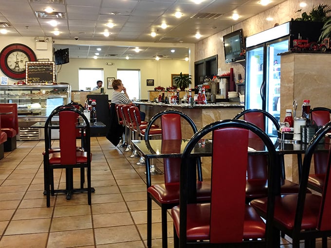 Classic red vinyl chairs and gleaming countertops – the universal language of "sit down and stay awhile."