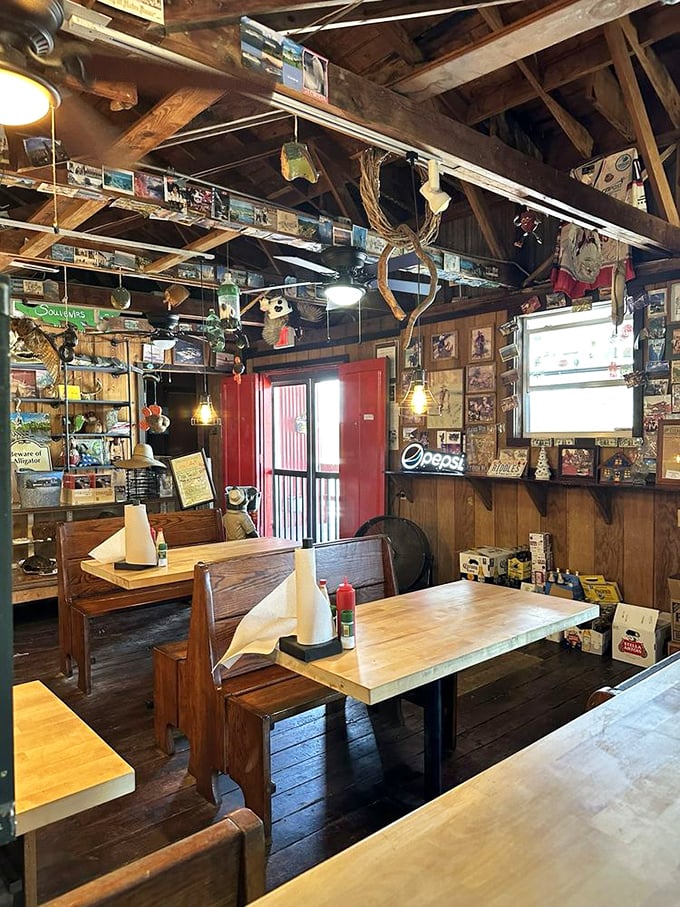 Every inch tells a story in this wood-paneled time capsule. The ceiling alone holds enough memorabilia to keep you entertained through three courses.