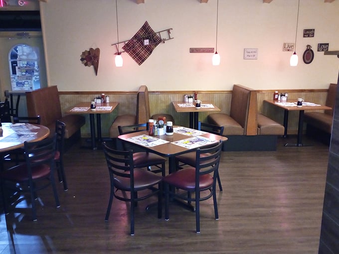 Cozy booths and warm lighting create that perfect diner atmosphere where conversations flow as easily as the coffee. Home away from home, indeed.