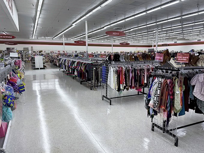 Endless racks stretch toward retail infinity, each hanger a potential fashion revelation waiting to be discovered.
