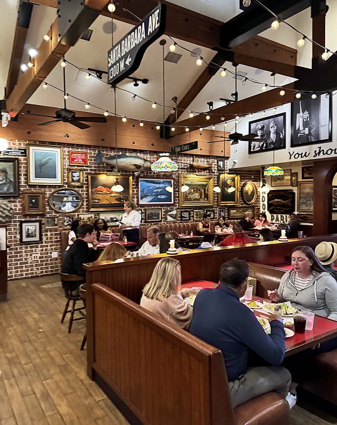 Inside, every inch tells a story – from the street signs to the twinkling string lights. It's like dining inside a maritime museum curated by someone with an excellent sense of humor.