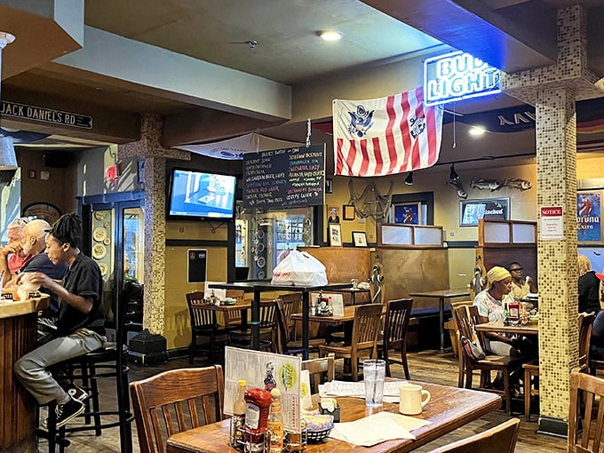 Inside, American flags and beer signs create that perfect "come as you are" vibe where memorable meals and conversations naturally unfold.