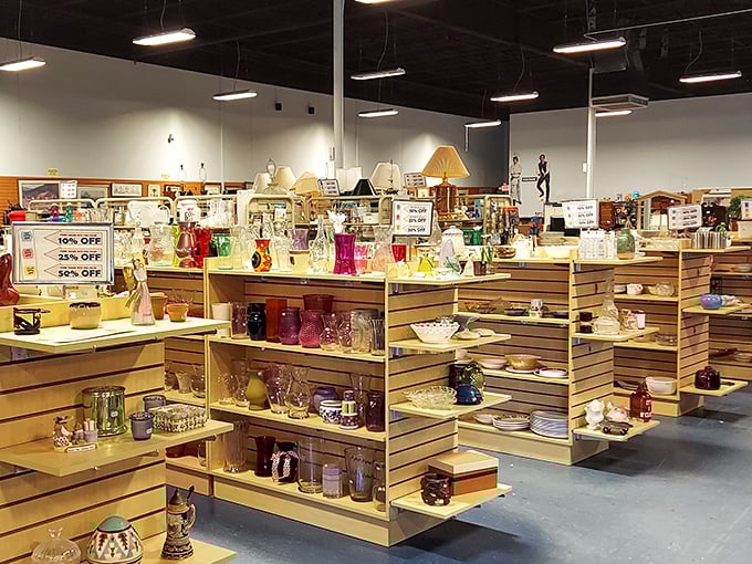 Glassware heaven awaits the patient hunter. These shelves hold forgotten wedding gifts and discontinued patterns just waiting for their second act.