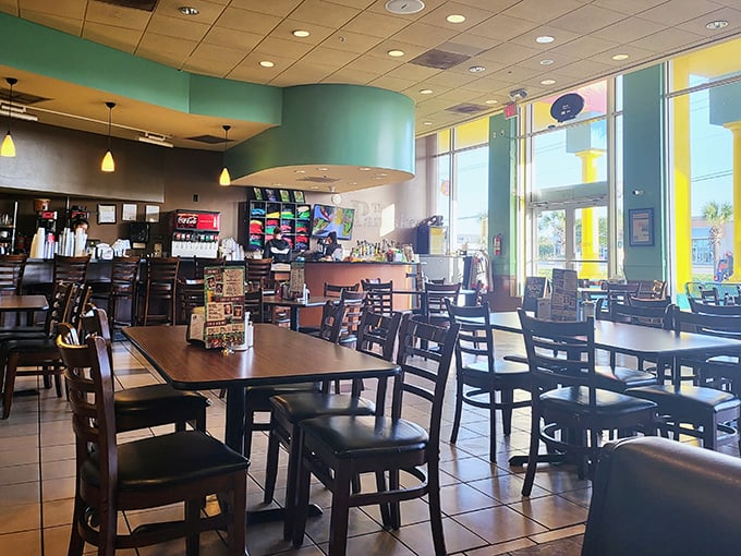 Inside, turquoise accents and natural light create the perfect backdrop for breakfast drama—where every plate gets its moment in the spotlight.