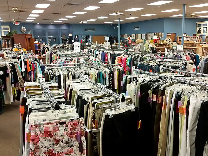 A textile ocean awaits exploration with neatly organized racks stretching toward the horizon. This isn't chaos—it's curated possibility.