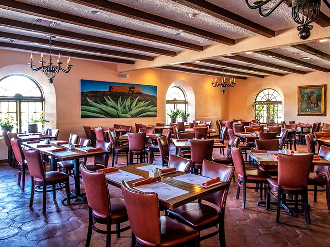 Warm terracotta walls, wooden beams, and southwestern art create the perfect backdrop for the impending queso coma you're about to willingly enter.