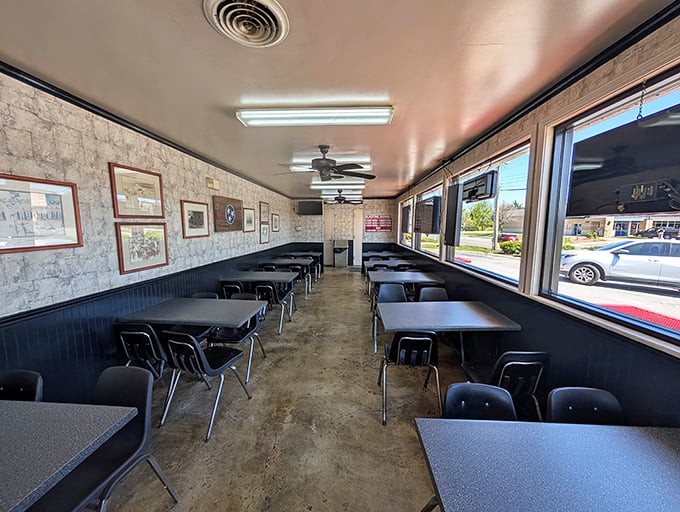 No-frills dining room where conversations flow as freely as the sweet tea. The simple tables and chairs are just waiting for you to create memories over mouthwatering barbecue.