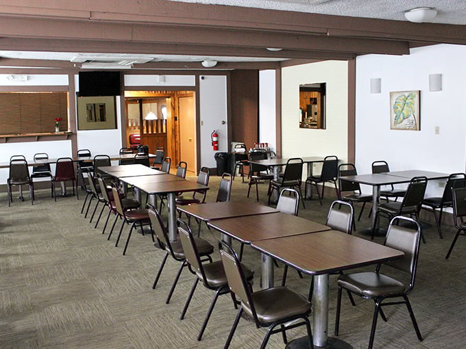 No frills, no fuss—just tables ready for serious chicken consumption and happy conversation.