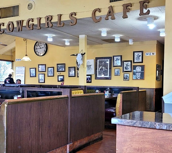 Yellow walls adorned with Western memorabilia create the perfect backdrop for those wooden booths where breakfast dreams come true.