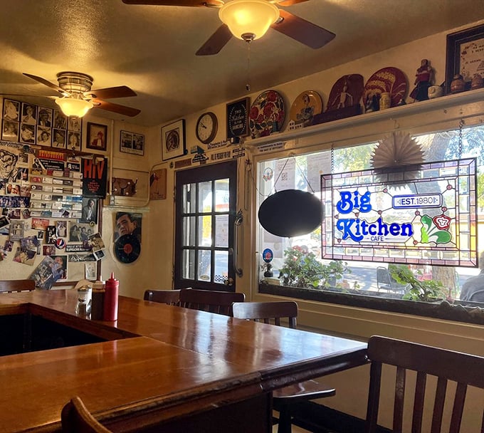 Inside, every inch tells a story. The stained glass window, the memorabilia-covered walls – it's like eating inside a scrapbook of San Diego's coolest memories.