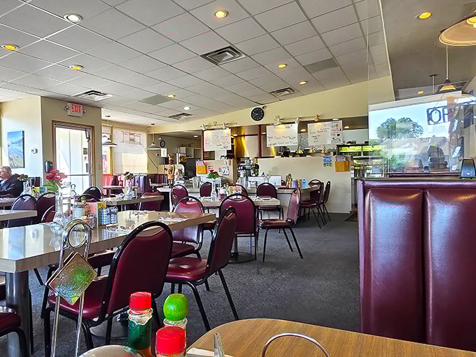 Step inside and you're greeted by that classic diner ambiance—burgundy chairs, simple tables, and the quiet hum of satisfied diners plotting their next Yosemite adventure.