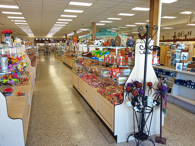 Aisles of temptation stretch before you, promising a journey through confectionery dreams that would make Willy Wonka jealous.