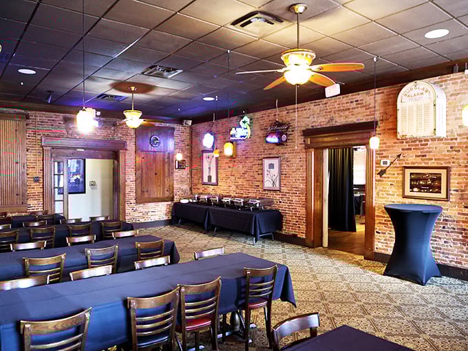 Exposed brick walls and navy tablecloths create an atmosphere that's both rustic and refined—like your favorite jeans paired with a sport coat.