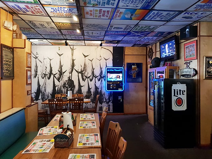 Where fishing trophies meet dollar-signed ceilings—this isn't interior design, it's a maritime museum with beer on tap.