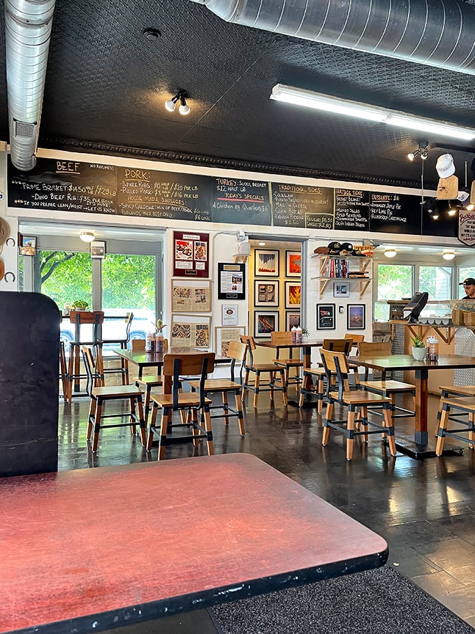 Simple wooden tables, chalkboard menus, and the intoxicating aroma of smoked meat—barbecue heaven doesn't need fancy trimmings when the food speaks this loudly.