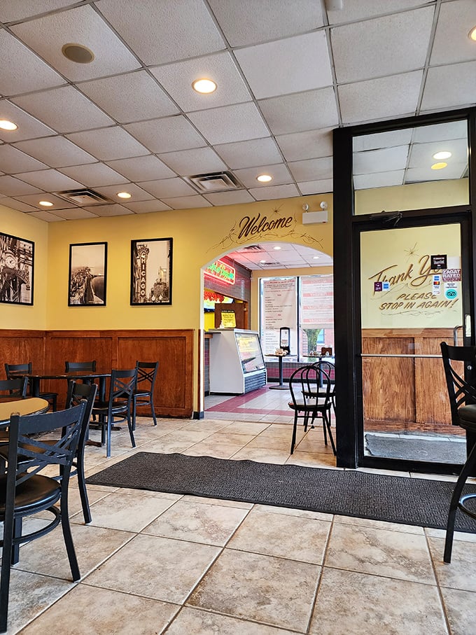 Yellow walls and classic Chicago photographs create that perfect neighborhood pizzeria vibe – comfortable enough to linger, casual enough to come as you are.