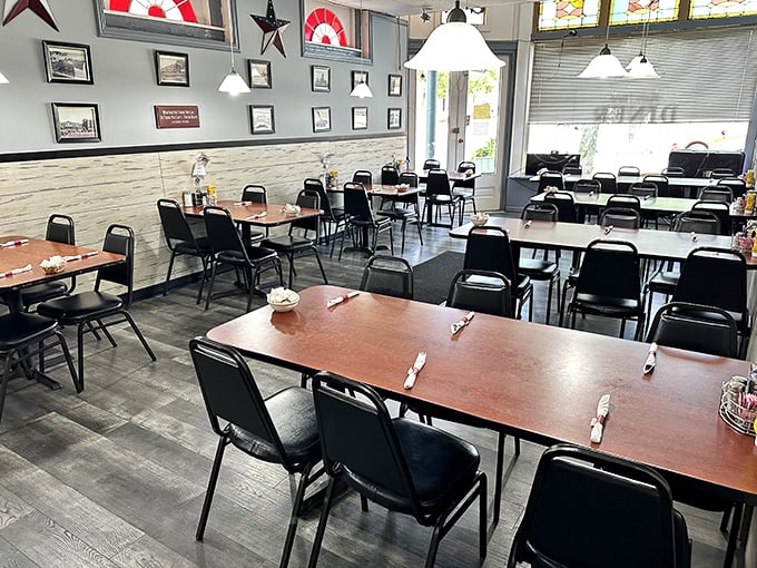 Simple tables, comfortable chairs, and walls adorned with local history – the dining room at Main Street Diner prioritizes substance over style.