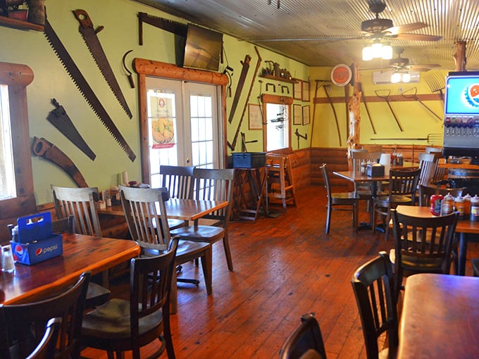 Where tools become décor and history hangs on the walls. The warm wooden interior invites you to settle in for some serious eating.