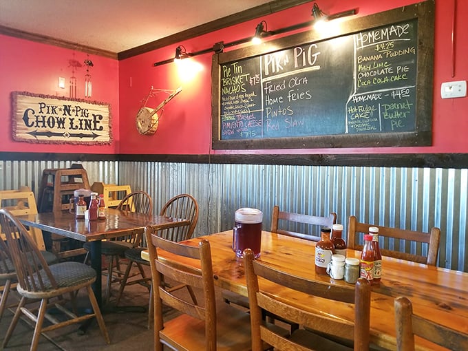 The chalkboard menu and corrugated metal wainscoting scream "authentic joint." This isn't corporate barbecue; this is the real North Carolina deal.