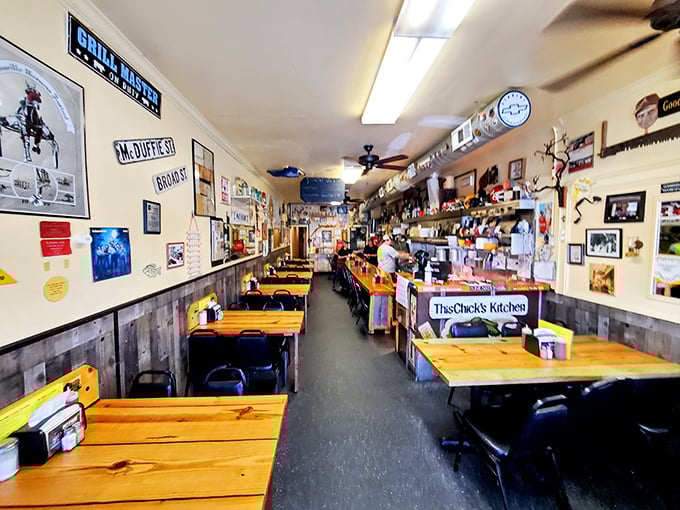Step inside and time slows down. The narrow dining room, lined with wooden tables and walls of memorabilia, feels like the community's living room—if your living room served incredible burgers.