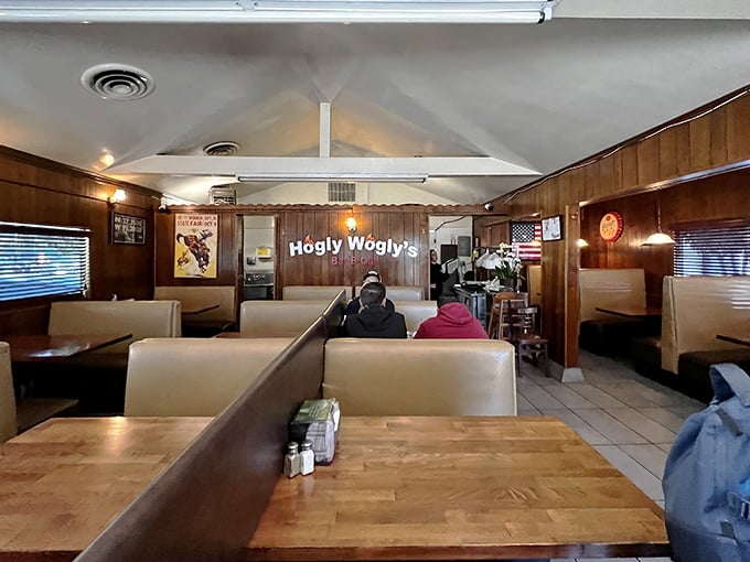 Wood paneling and vinyl booths—the universal language of "we care more about what's on your plate than what's on our walls."