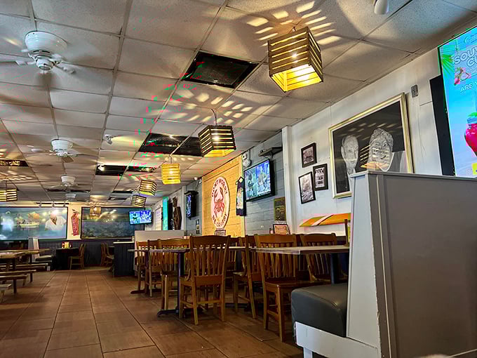 No white tablecloths here – just wooden chairs, square lanterns, and walls filled with local memorabilia that tell stories of Gulf Coast adventures.