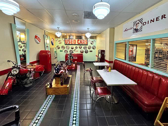 Where vintage motorcycles share dining space with hungry patrons. This isn't decoration—it's a museum where you can eat pancakes.