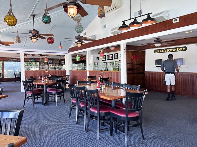 Inside, nautical meets nostalgia with colorful glass floats dangling from the ceiling – like Christmas ornaments for mermaids on their day off.