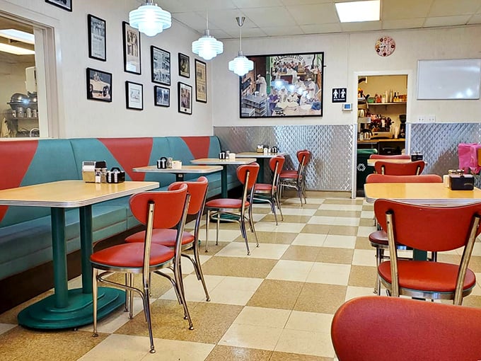 Classic red and turquoise vinyl booths invite you to slide in and stay awhile. Time travel never tasted so good.
