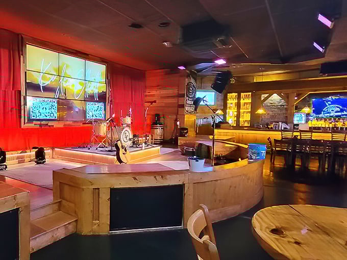A stage awaits local talent while diners feast nearby – in Nashville, even breakfast comes with a soundtrack.