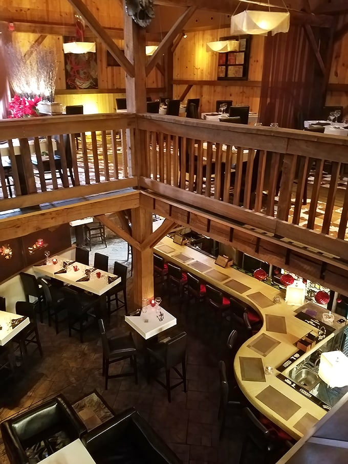 Where farm meets fine dining: Strip's glowing interior preserves its agricultural heritage while the two-story space creates an atmosphere of rustic elegance.