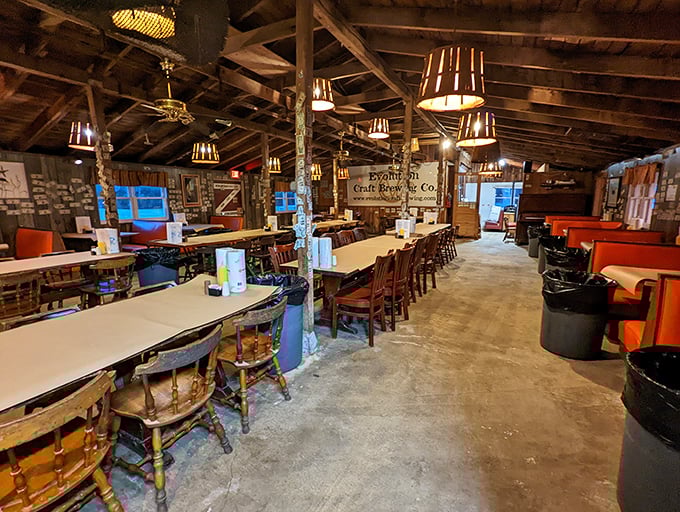Rustic wooden beams and communal tables create the perfect backdrop for the food drama about to unfold. Dinner and a show, Eastern Shore style.