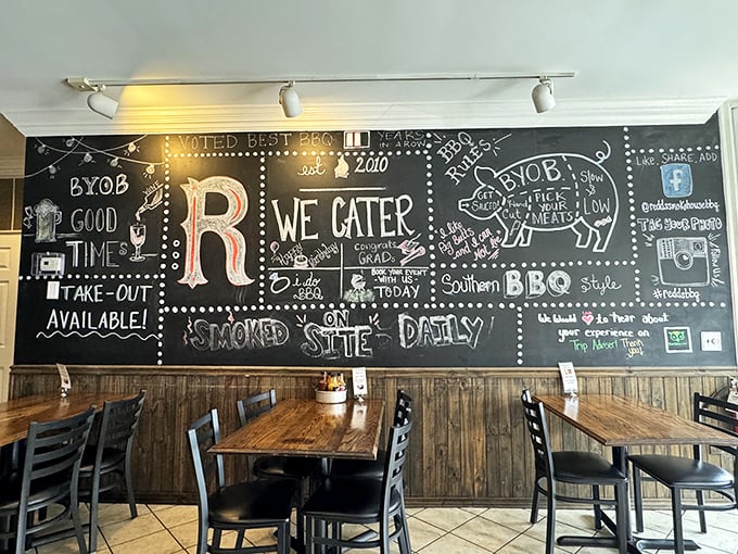 That chalkboard wall isn't just decor—it's a smoky manifesto. Southern BBQ style with Pennsylvania hospitality, all spelled out in charming chalk art. 