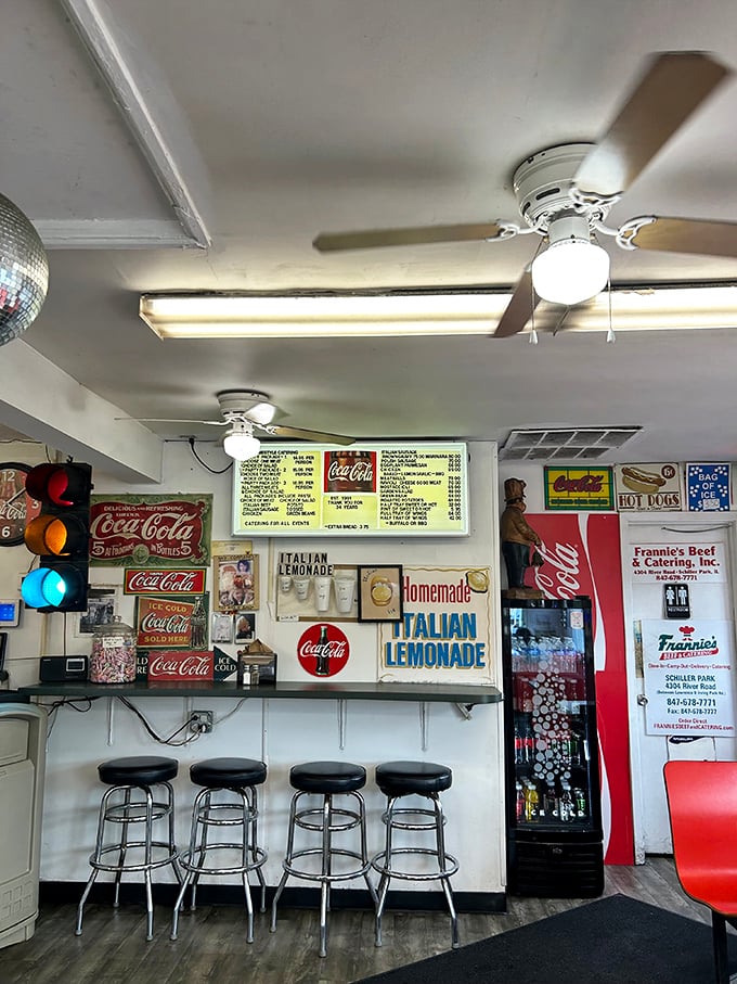 Inside Frannie's, time stands deliciously still. The vintage Coca-Cola memorabilia, disco ball, and traffic light create an atmosphere that's part diner, part time capsule, and all charm.