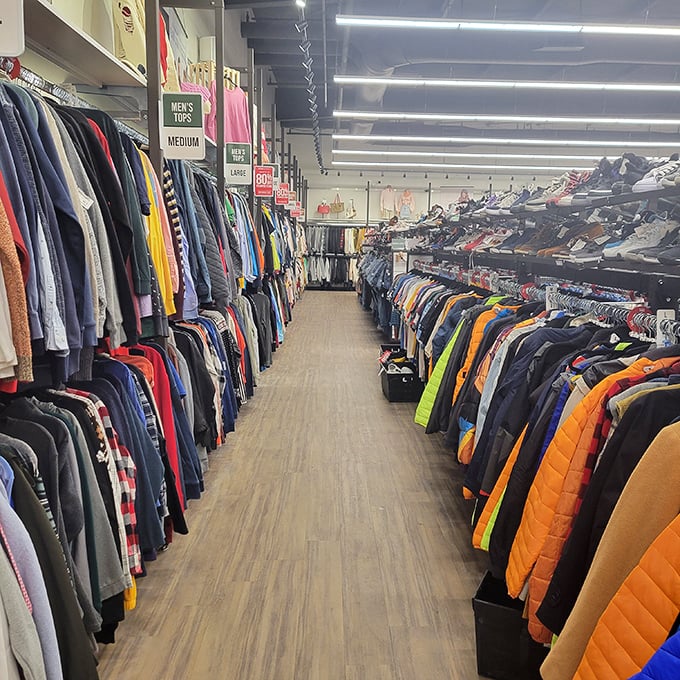Racks upon racks of color-coded clothing create fashion highways where your $30 can travel surprisingly far. Organization is the unsung hero here.