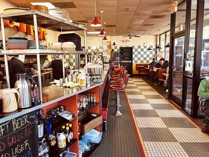 Classic diner charm meets mountain casual inside, where red counter stools invite you to belly up to breakfast bliss.