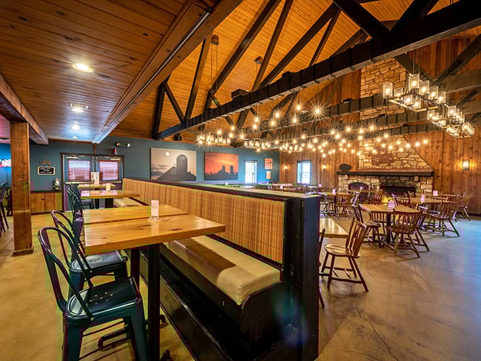 Soaring wooden ceilings, string lights, and stone accents create an atmosphere that says "stay awhile" – which is exactly what you'll want to do.